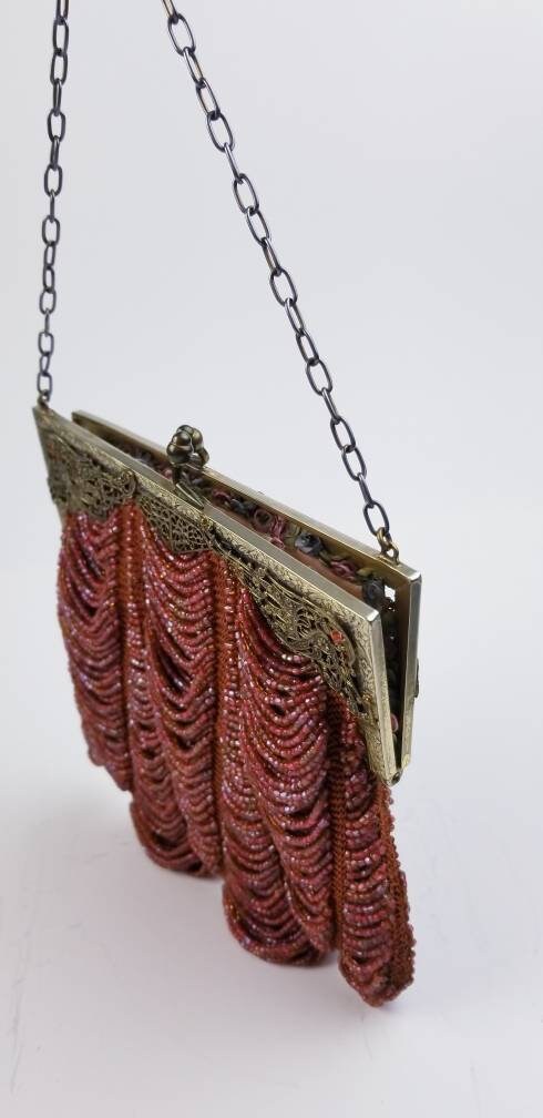 Art Deco filigree framed rose-colored glass beaded handbag | Etsy