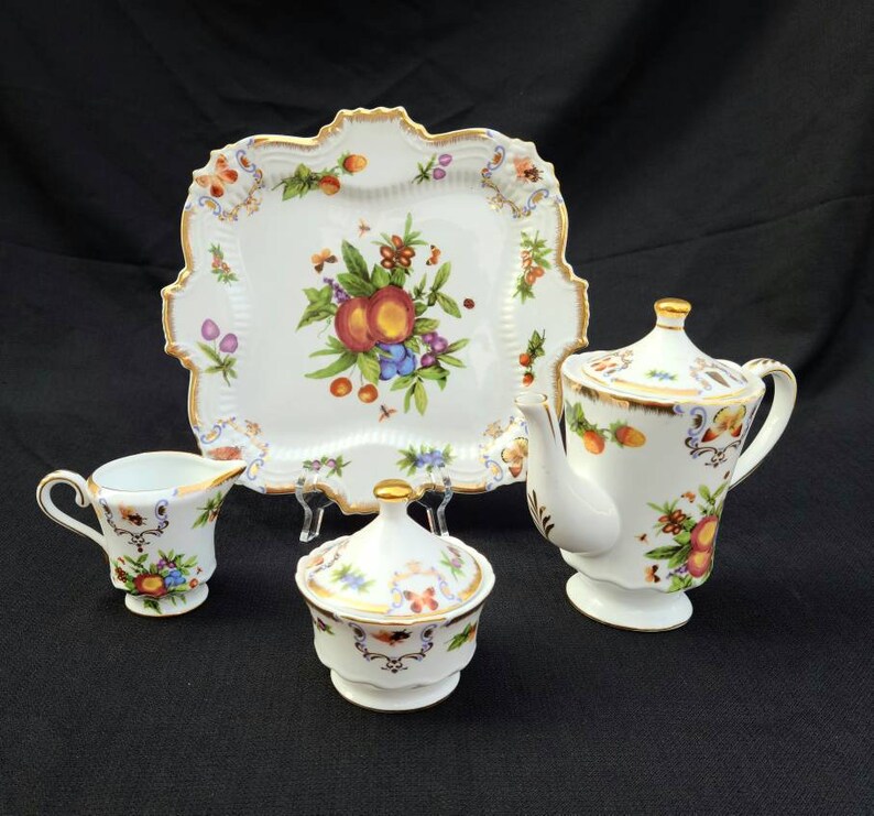 Vintage I. Godinger Tea Set With Fruit and Insects With a Brushed Gold ...