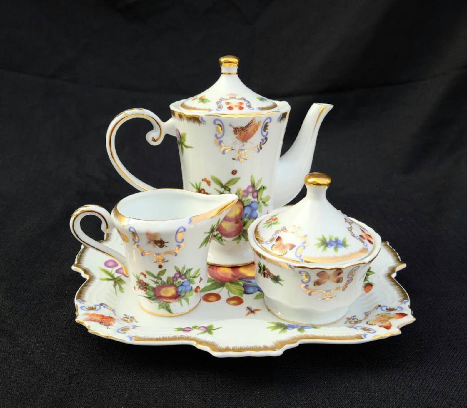 Vintage I. Godinger Tea Set With Fruit and Insects With a Brushed Gold ...