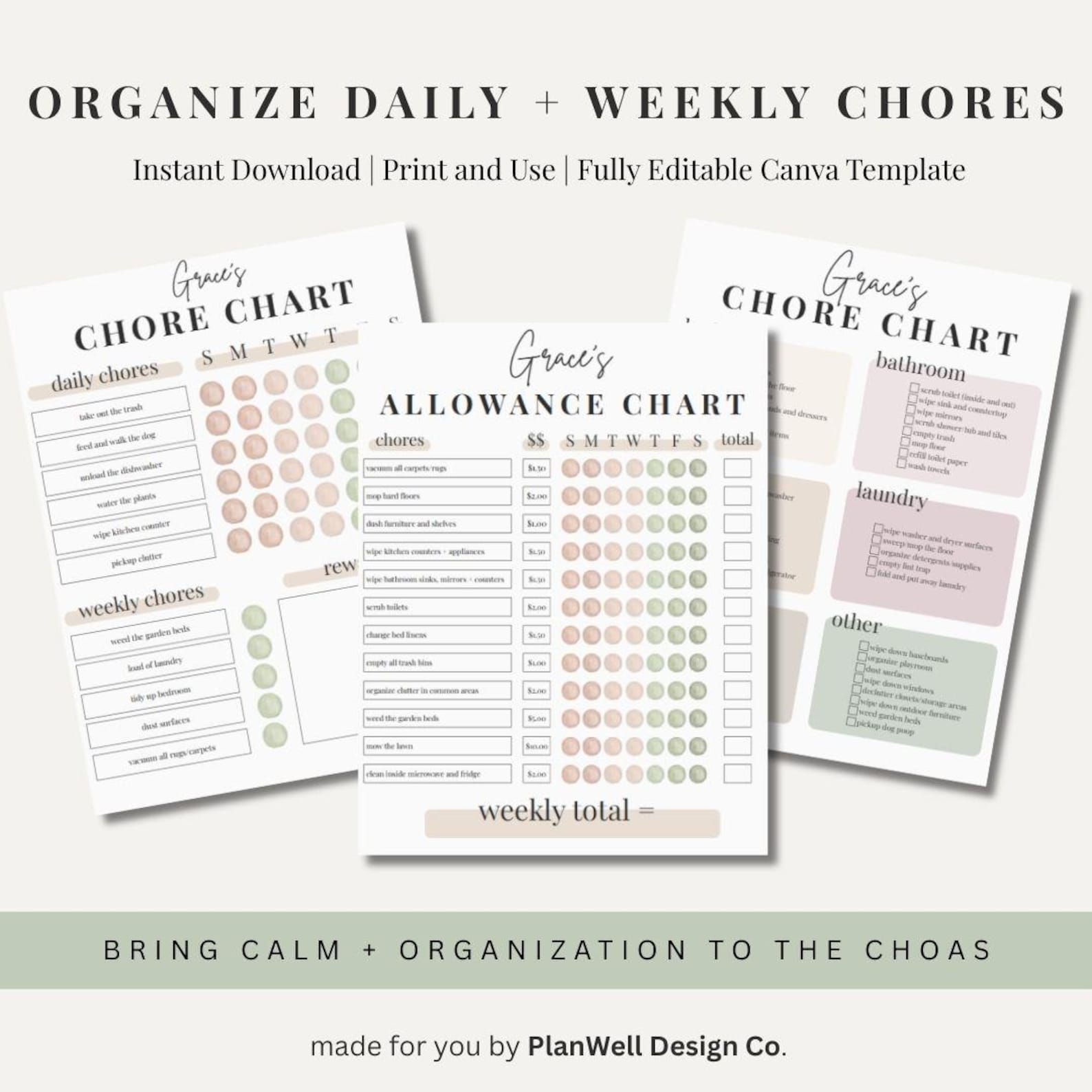 Kids Chore Chart Bundle | Editable Canva Templates (digital Download ...