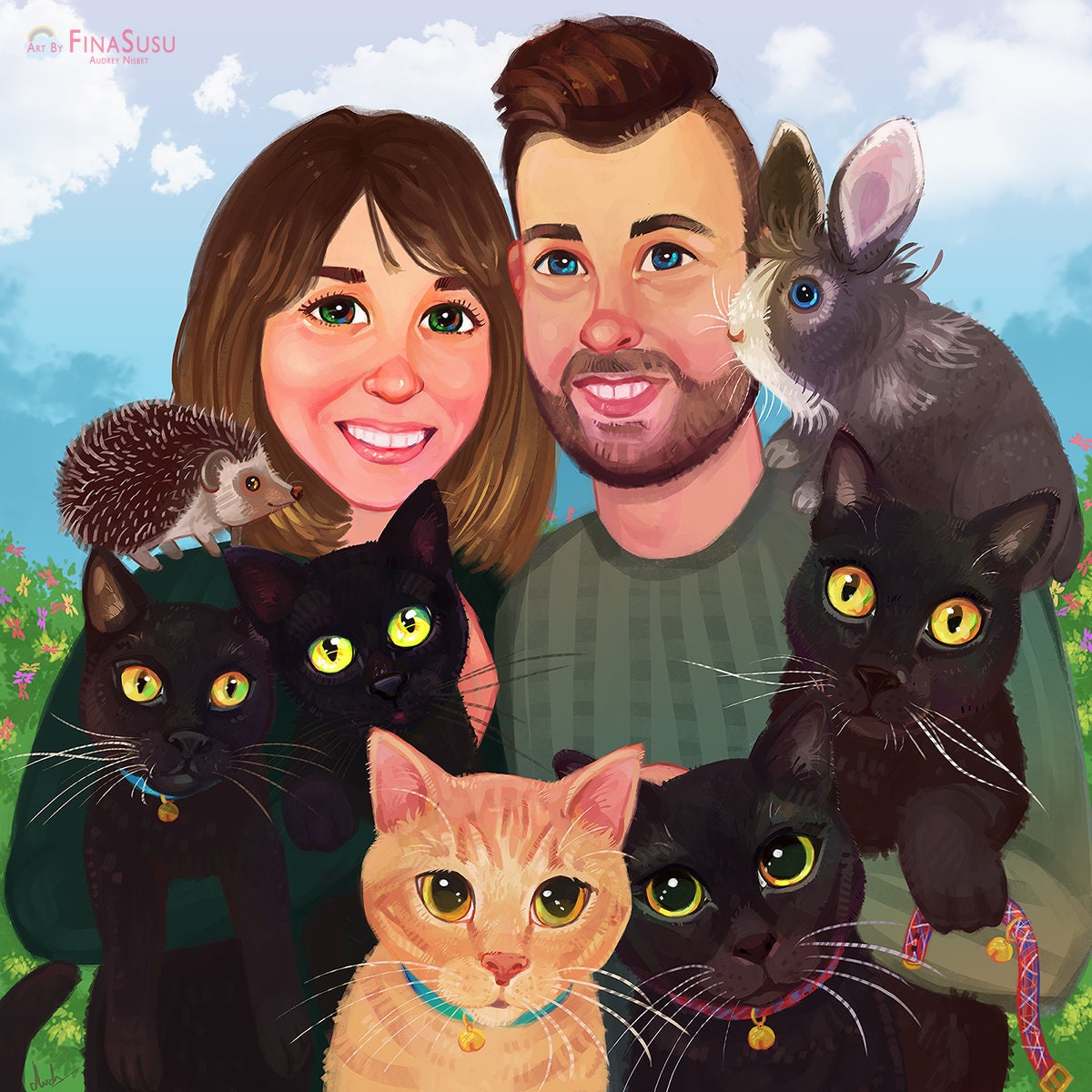 Personalized Digital Drawing 2 people and 4 pets. | Etsy