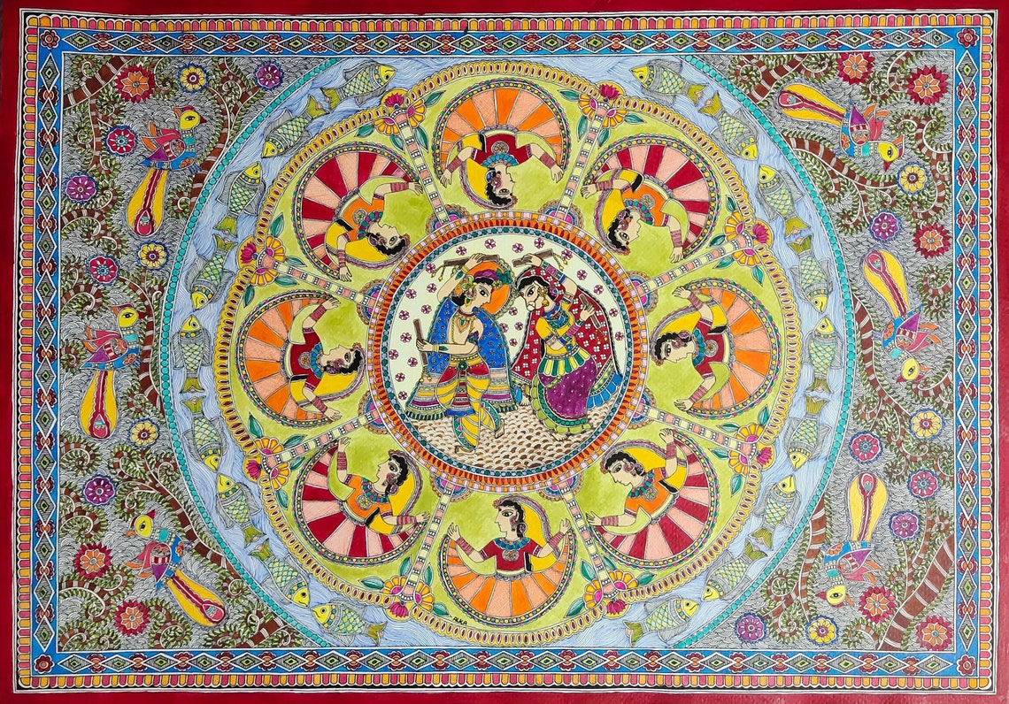 Handmade Madhubani Painting Krishna Raas Leela, Folk Art, Living Room ...