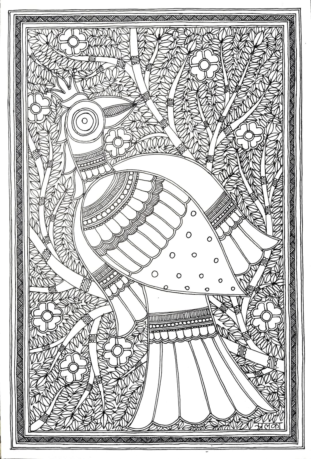 Madhubani Painting Bird, Coloring Page Digital Download, Hand Drawn ...
