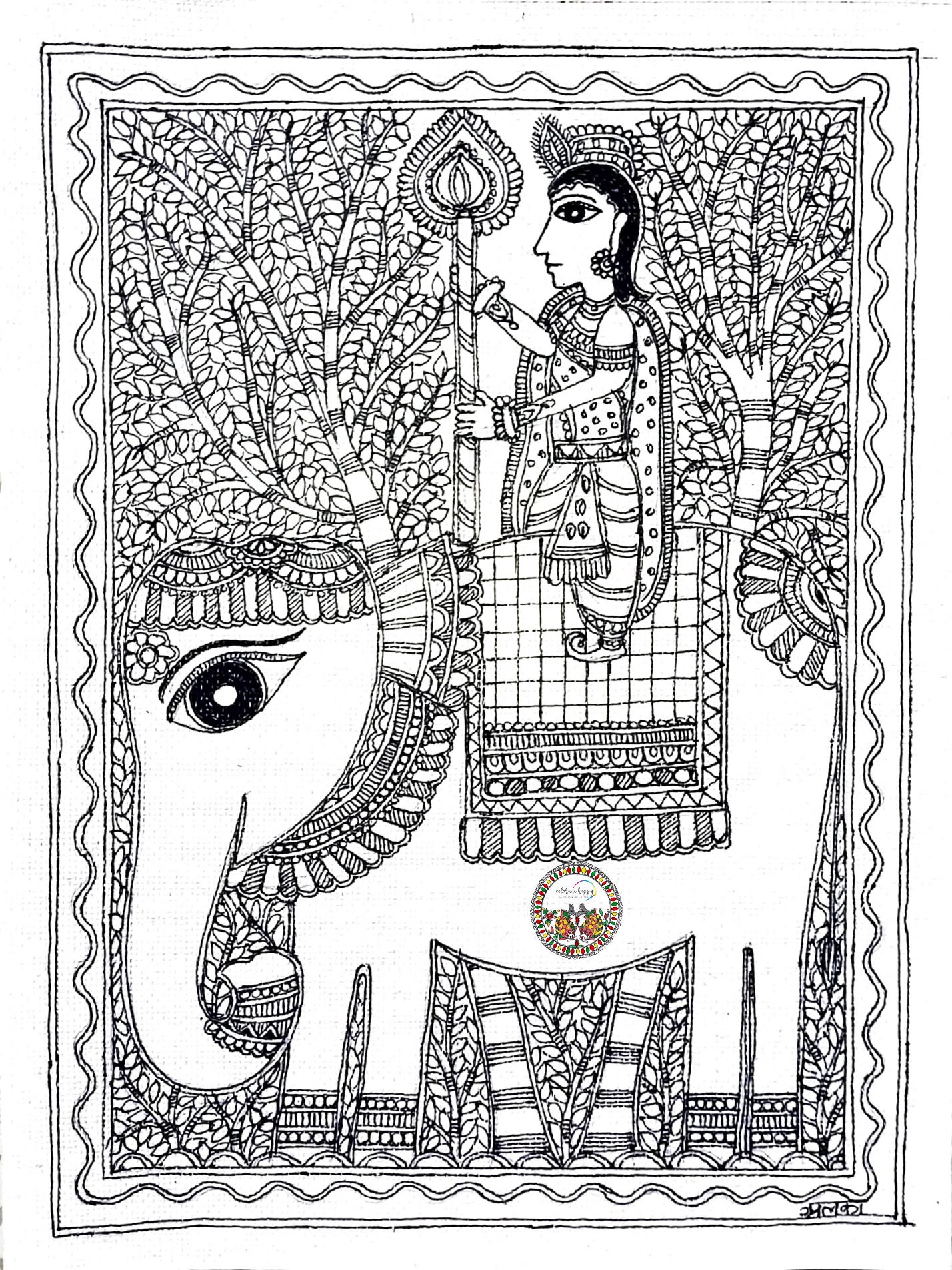 Madhubani Painting Royal Mahout Coloring Page, Hand Drawn Mahout ...