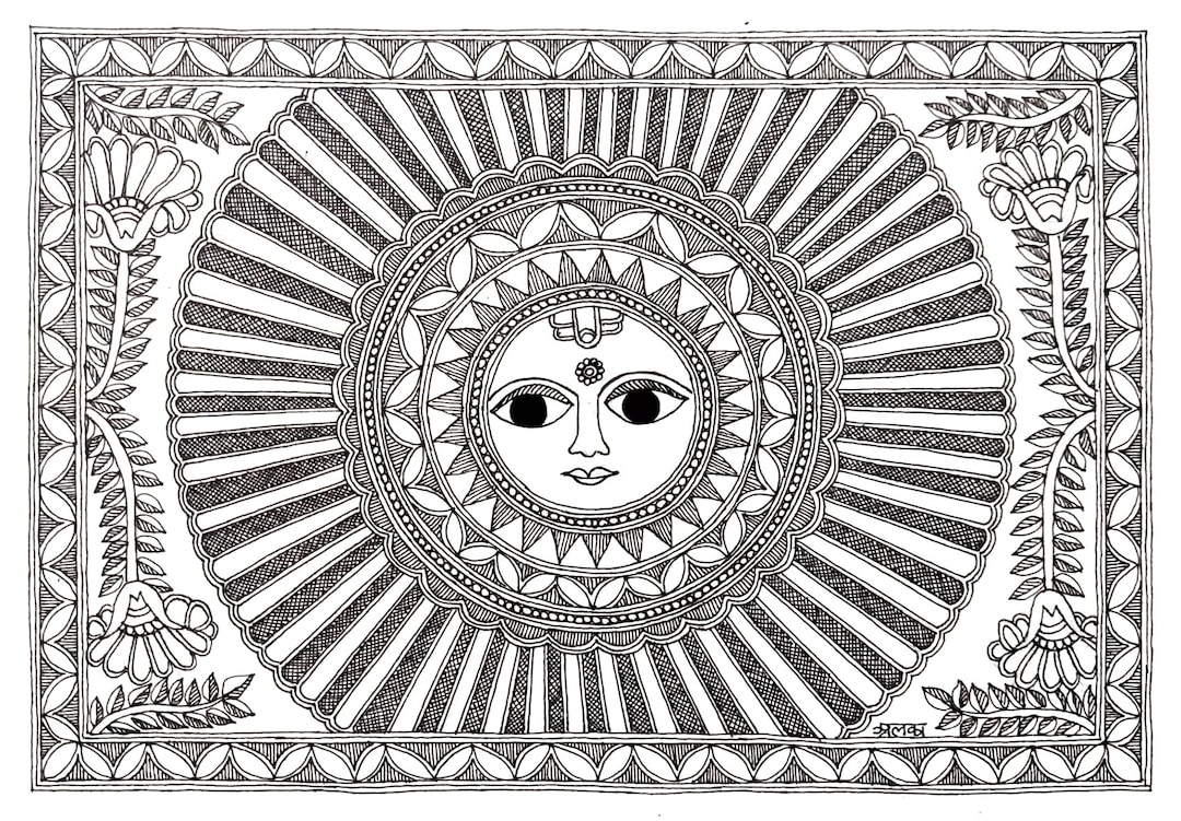 Sun Madhubani Painting, Hand Drawn Folk Art Coloring Page (PDF Download ...