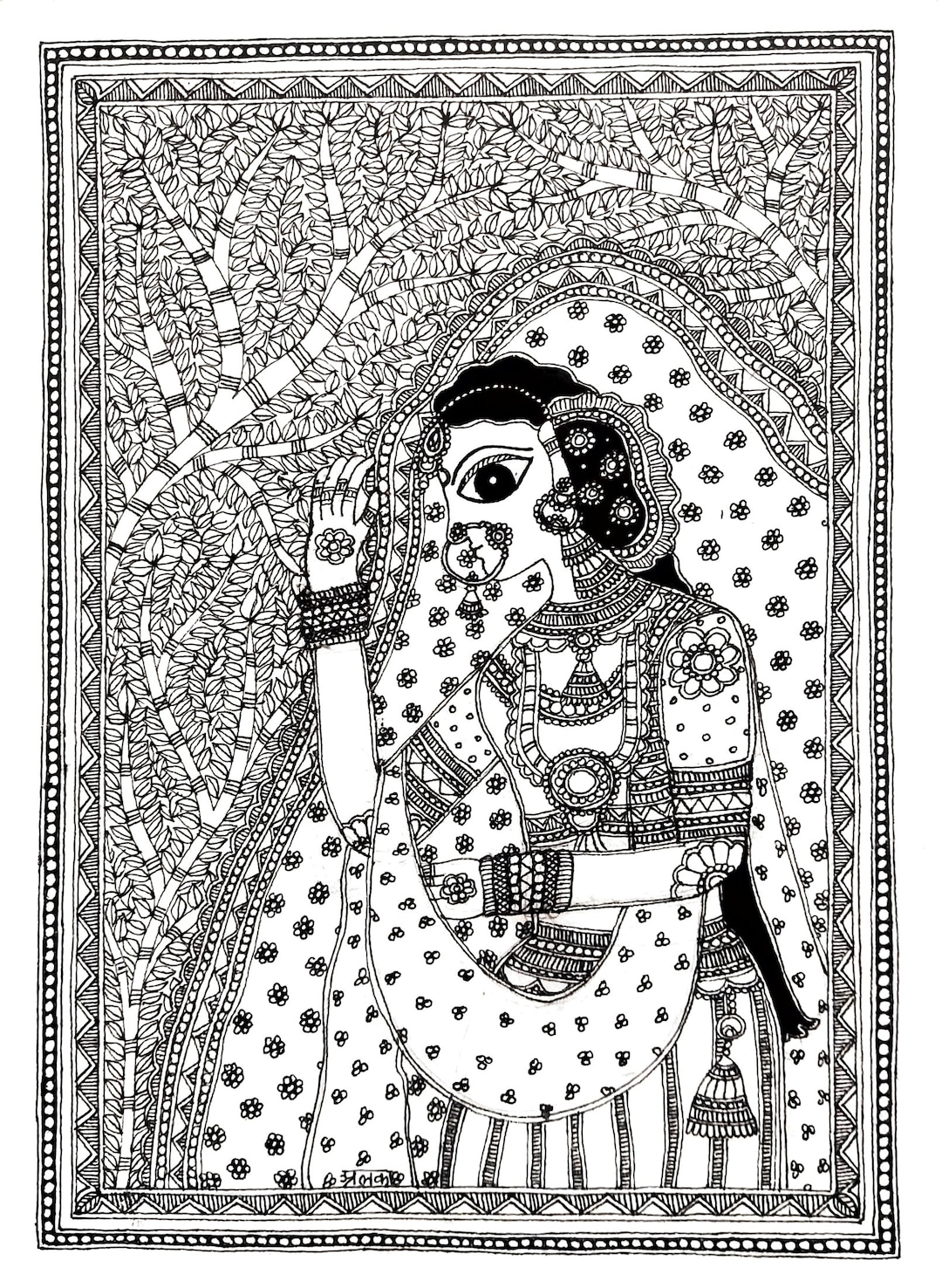 Madhubani Painting Indian Bride, Coloring Page, Hand Drawn Painting ...