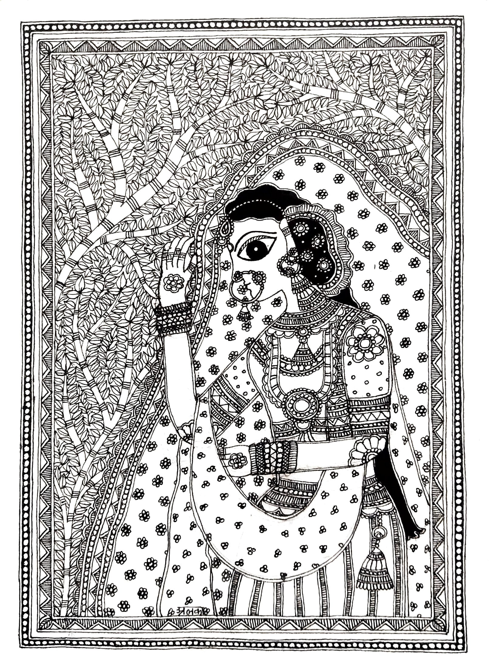 Madhubani Painting Indian Bride, Coloring Page, Hand Drawn Painting ...
