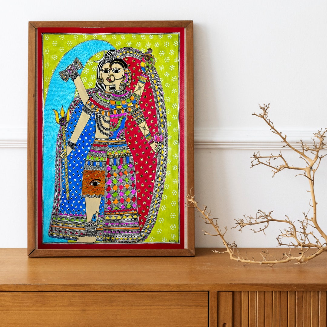 Colourful Madhubani Painting Ardhnareshwar,shiva Parwati, Shakti,traditional Indian Folk Art ...