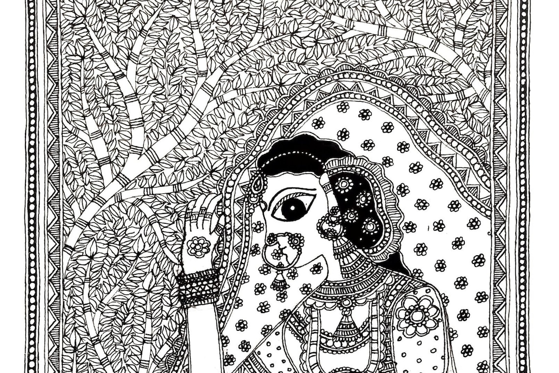 Madhubani Painting Indian Bride, Coloring Page, Hand Drawn Painting ...