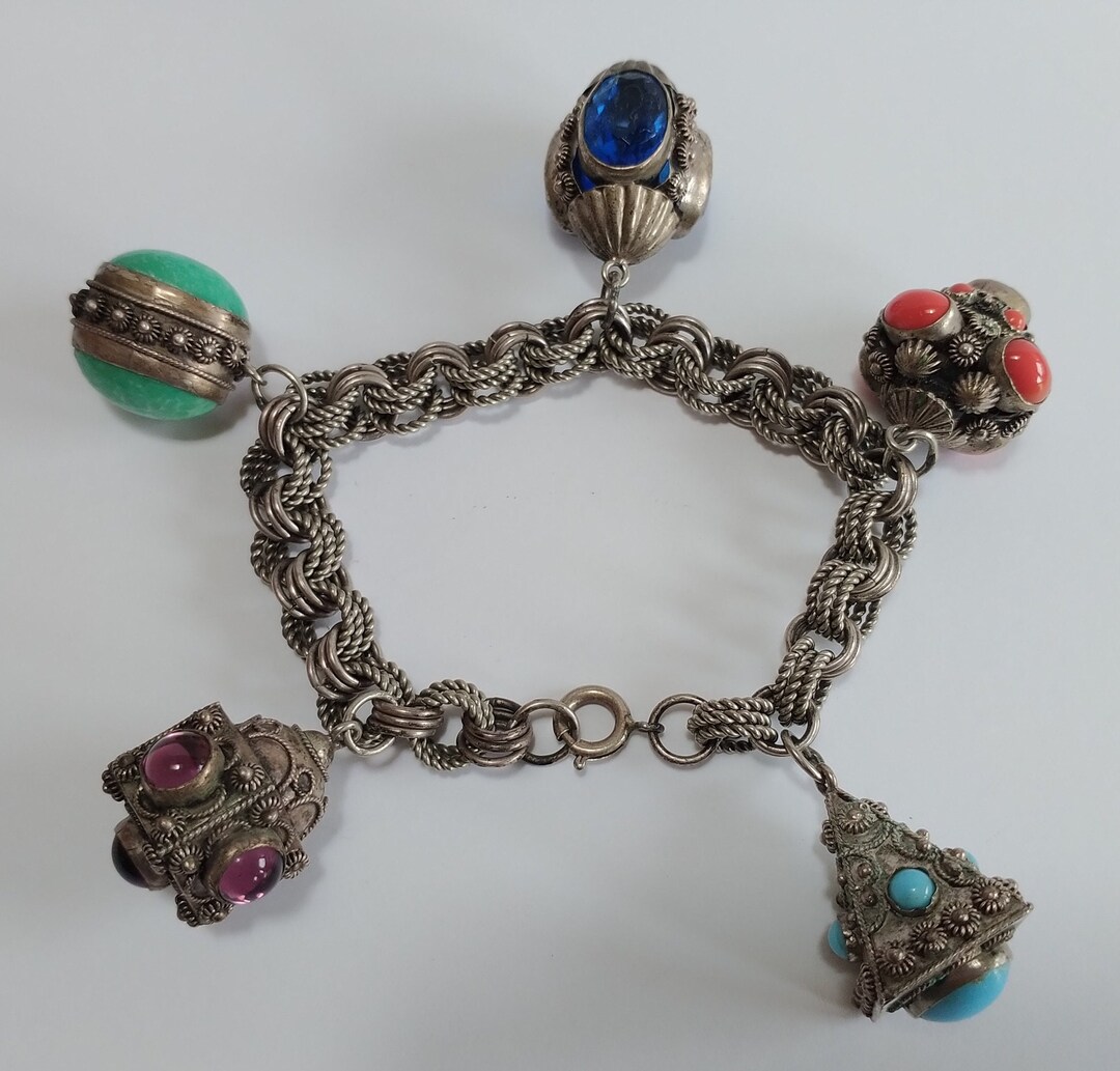 VINTAGE Italian Silver Glass and Coral Cabochons Ornate BAUBLE Charms ...