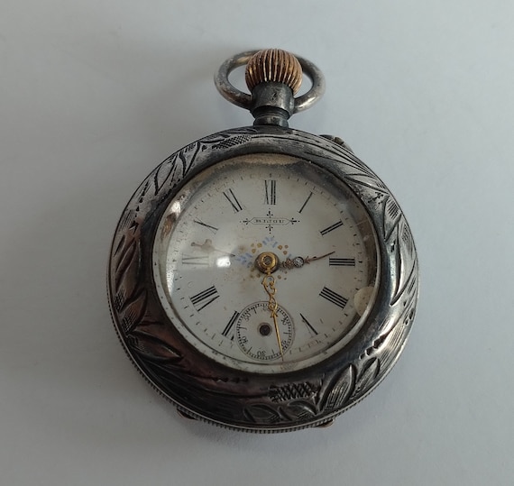 Antique 900 silver Bijou POCKET WATCH dragonfly crane… - Gem