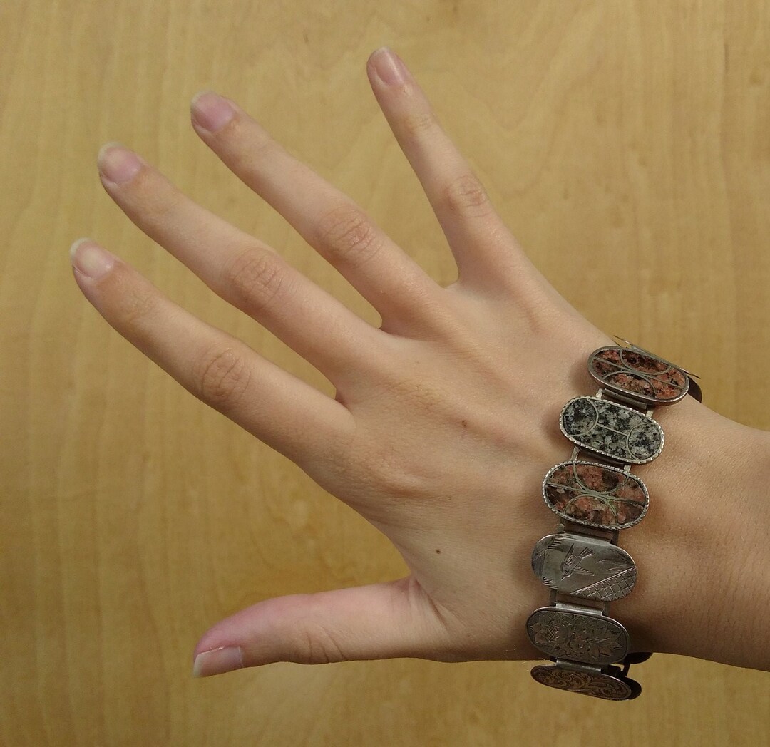 ANTIQUE VICTORIAN Engraved Aesthetic Birds & Plants Silver Granite Link ...