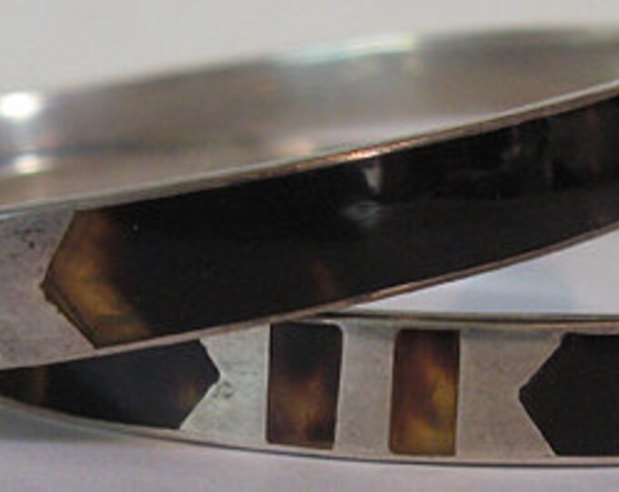 Pair of Vintage Inlaid Tortoise Shell Sterling Silver Bangle Bracelets ...