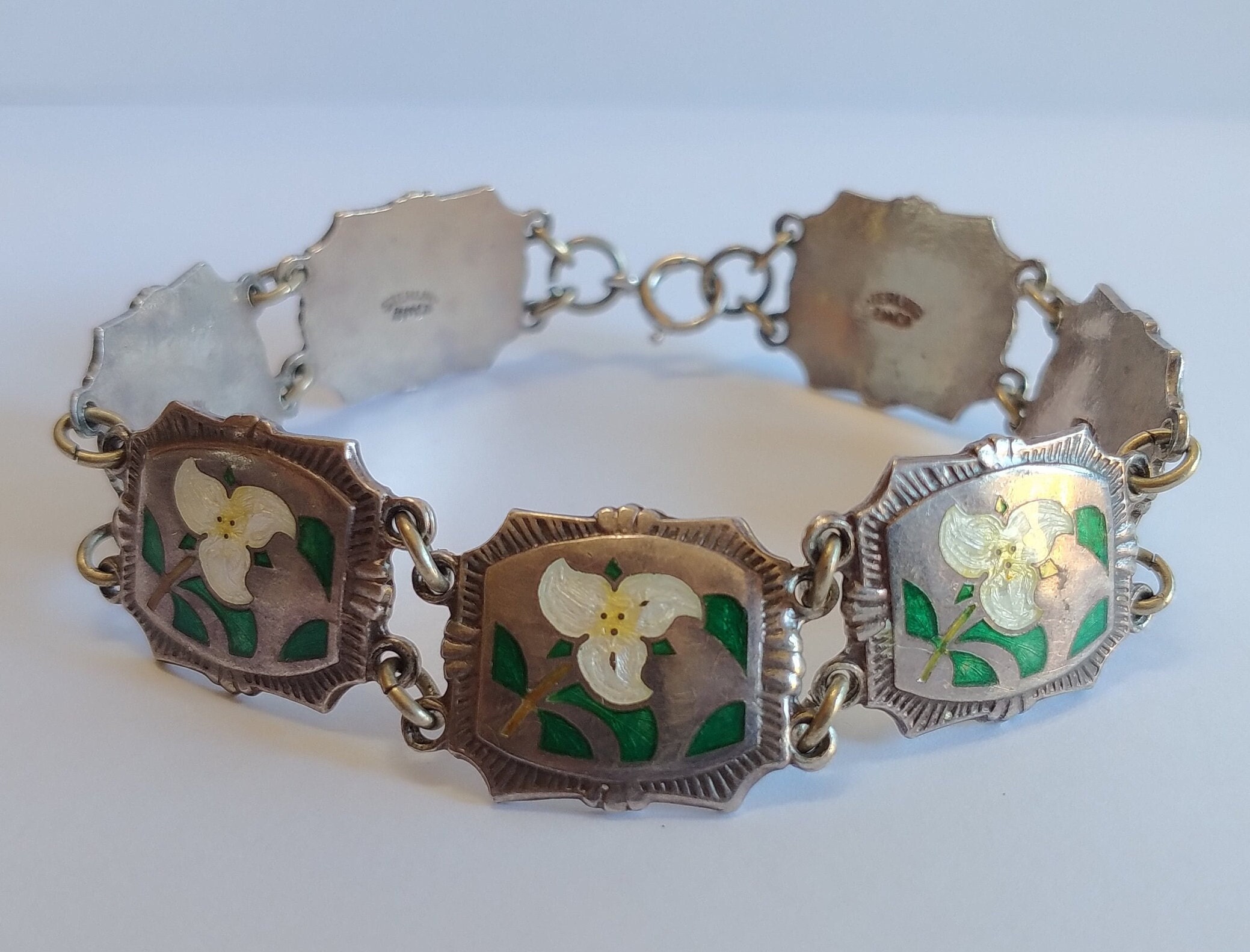 VINTAGE Breadner Manufacturing Sterling Enamel Trillium FLOWERS Link ...