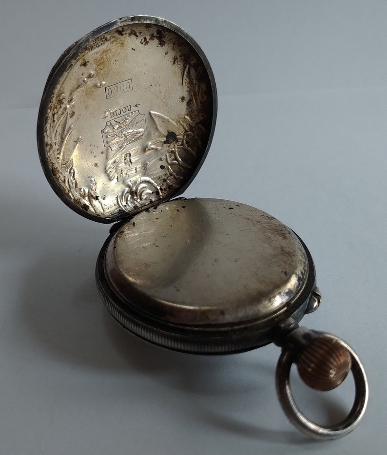 Antique 900 Silver Bijou POCKET WATCH Dragonfly Crane Motif - Offered ...