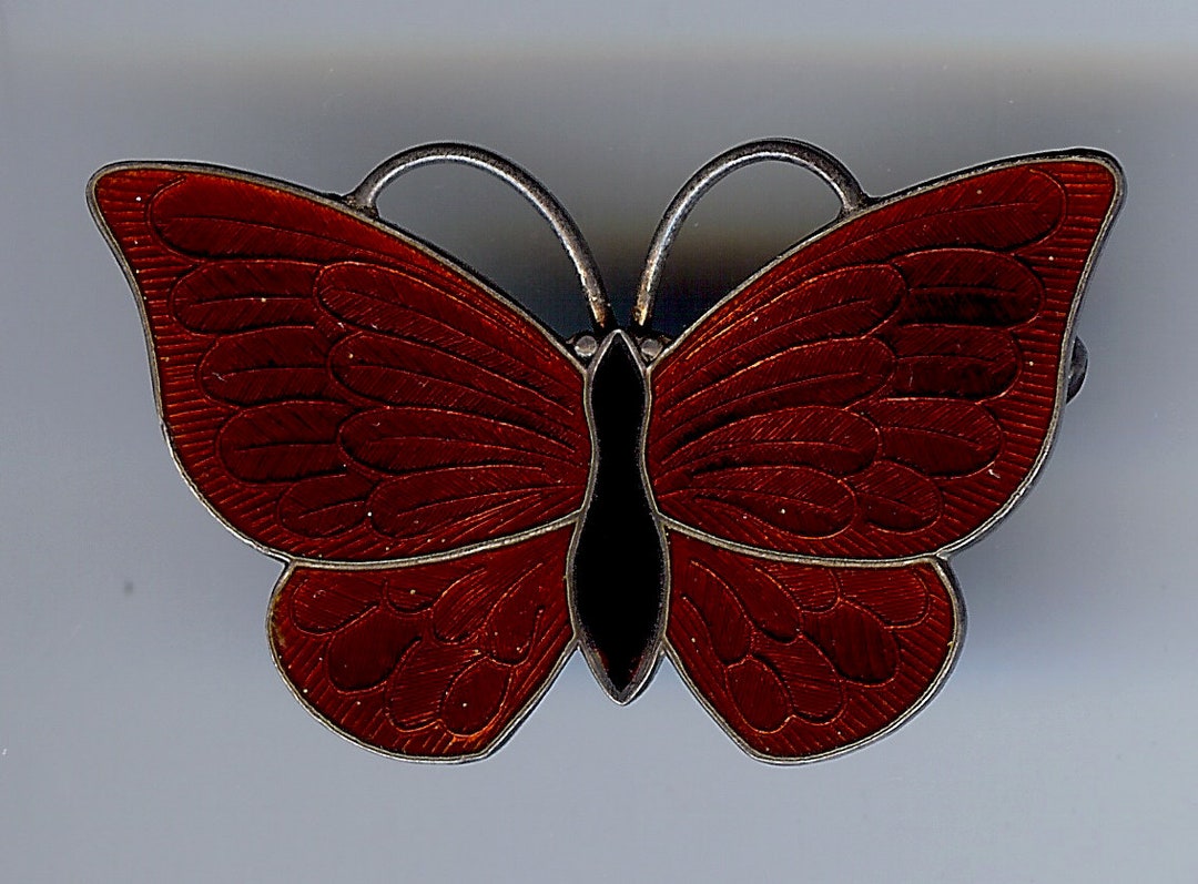 VOLMER BAHNER Denmark Vintage Sterling Red & Black Enamel BUTTERFLY Pin ...