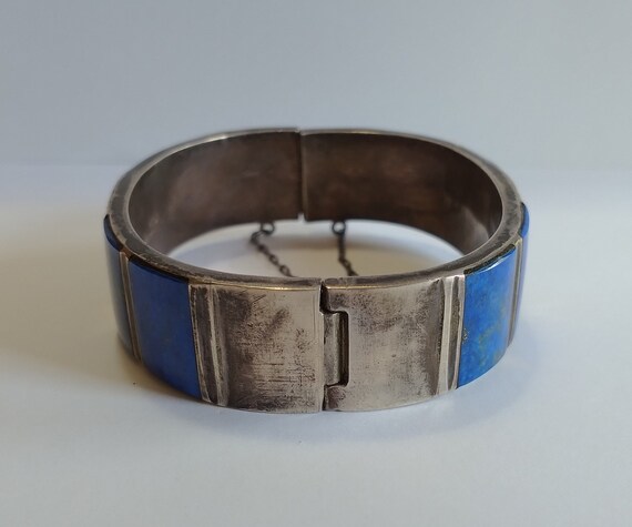 Weighty VINTAGE 950 silver lapis hinged clamp BANGLE … - Gem