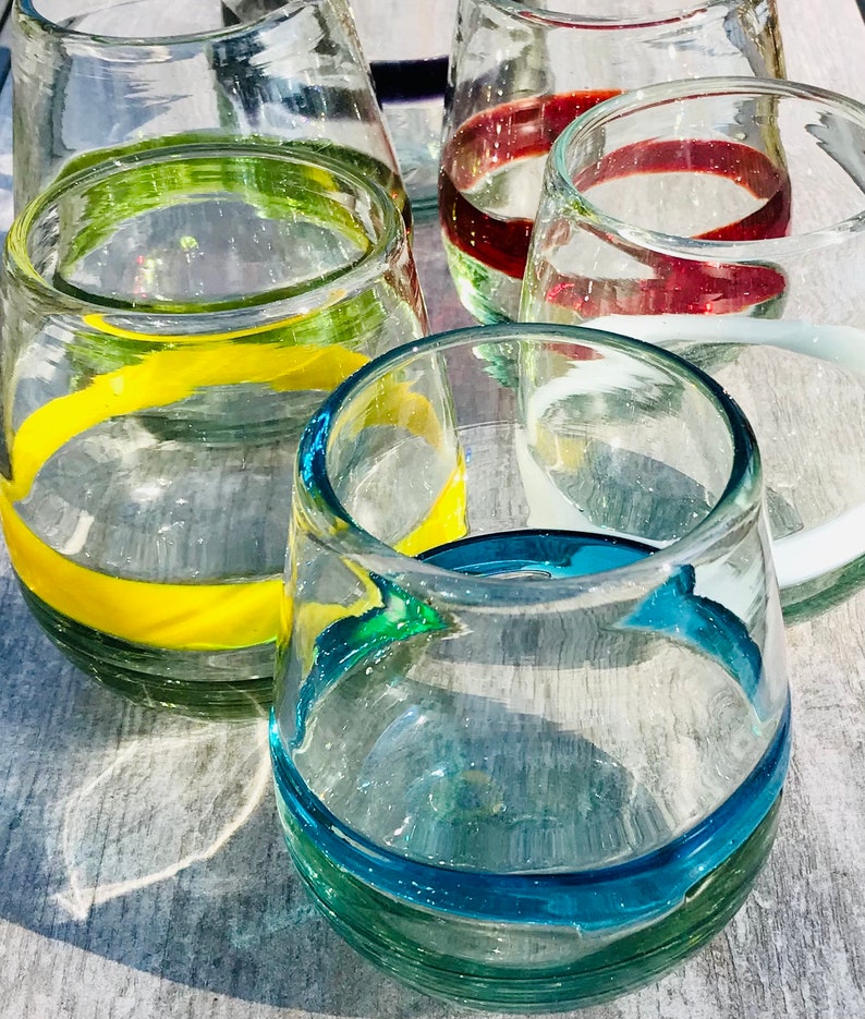 Multicolor Stemless Wine Glass Set Hand Blown Recycled Glass (set of 6 ...