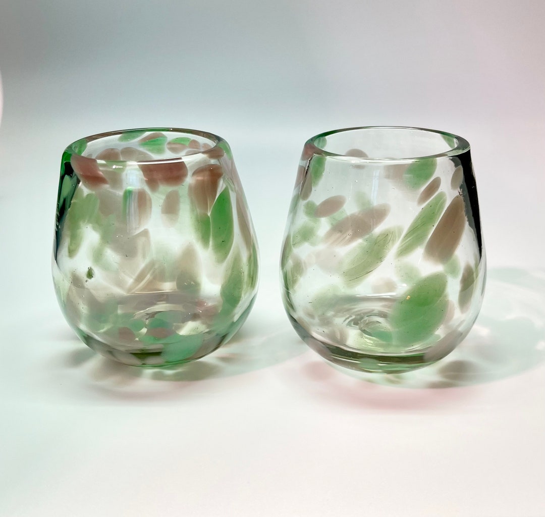 Stemless Wine Glasses Hand Blown Recycled Glass Lavender Green Cocktail ...