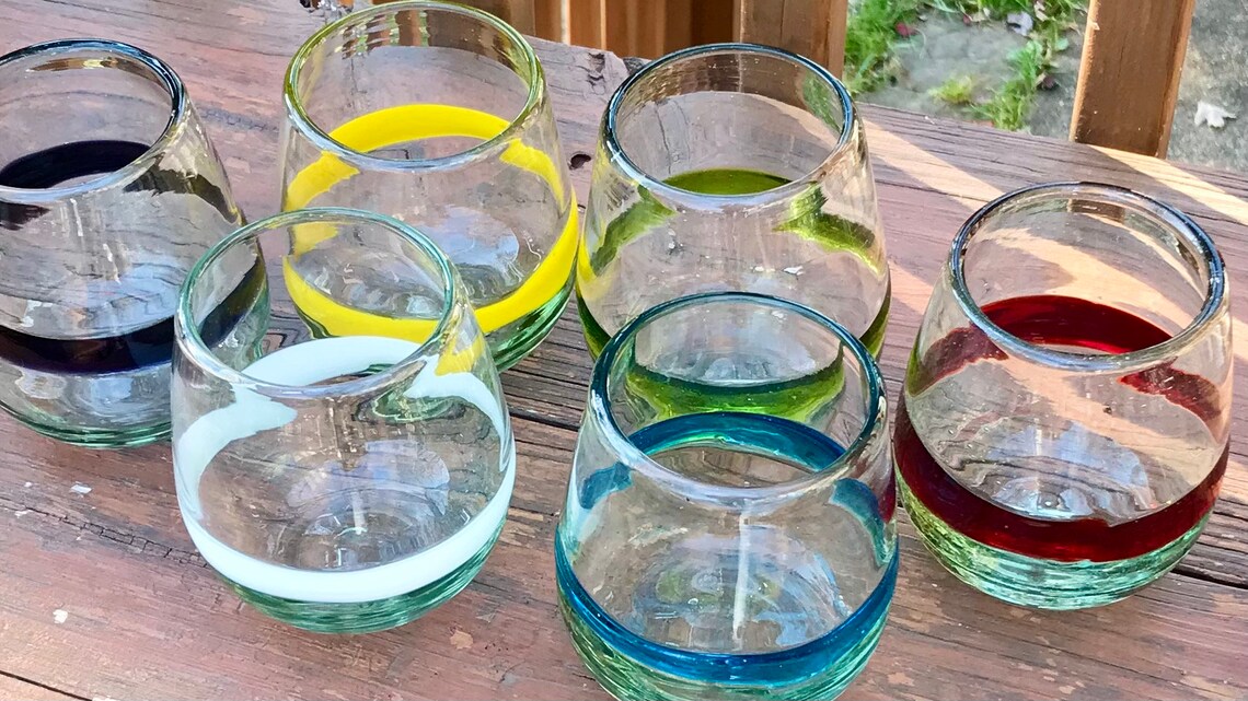 Multicolor Stemless Wine Glass Set Hand Blown Recycled Glass (set of 6 ...