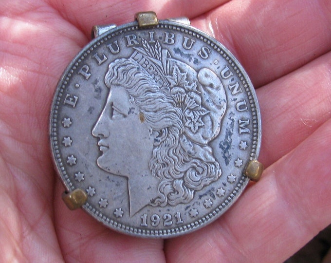 Vintage Authentic 1921 Morgan Silver Dollar Prong Set on SWANK Brass ...