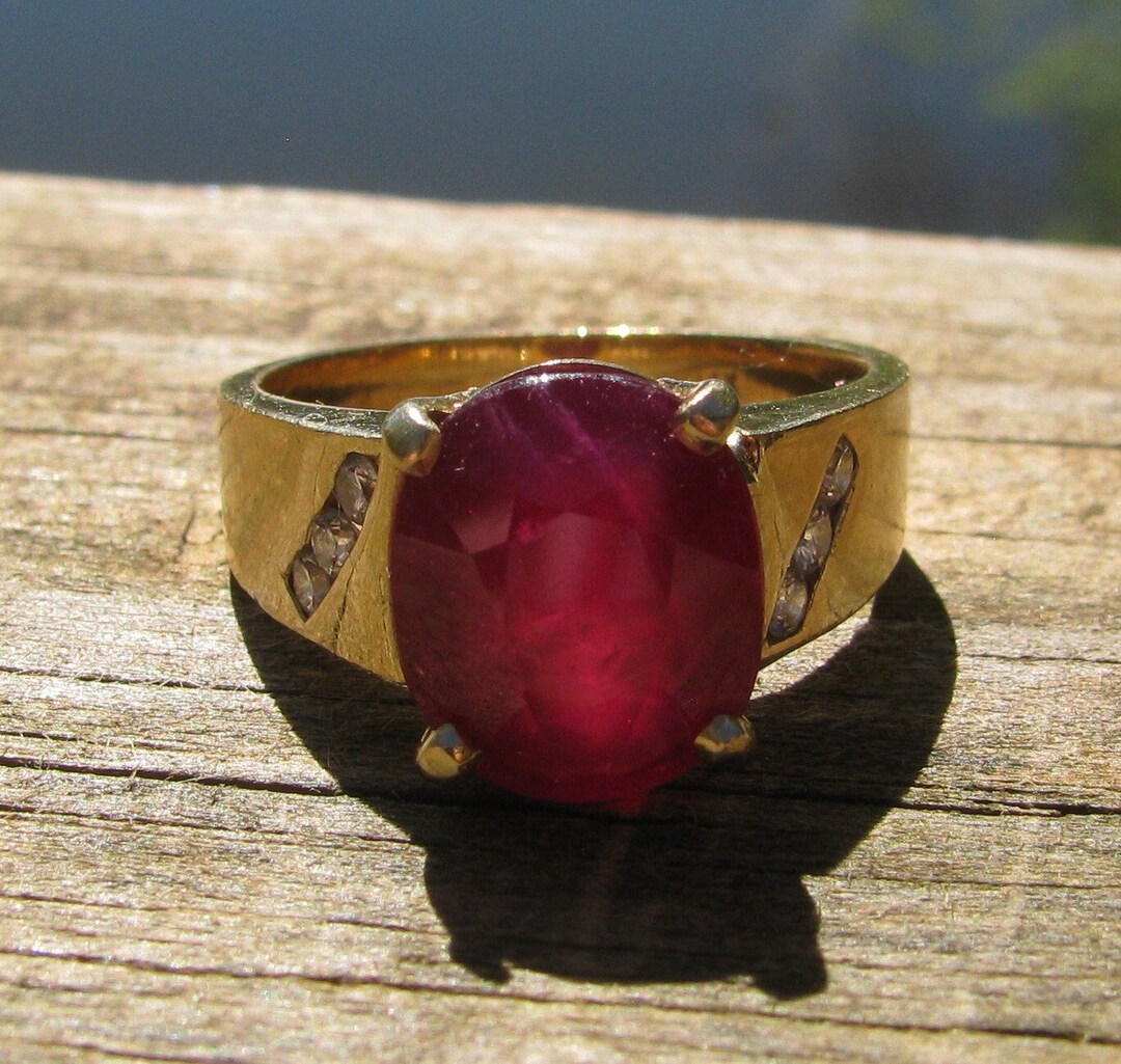 Regal Vintage Large Red Ruby 14K Gold Ring, 6 Side Channel Set Diamonds ...