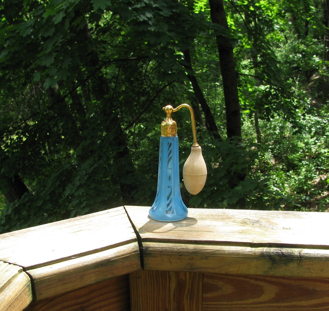 Enchanting Art Deco Antique Atomizer Perfume Bottle, Blue Satin Glass W ...