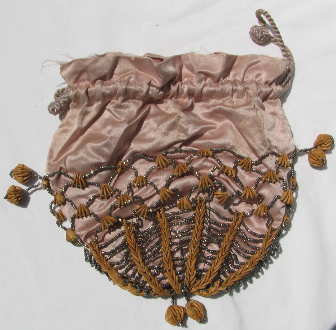 Remarkable Antique Victorian Era Pink Satin Draw String Pouch Handbag ...