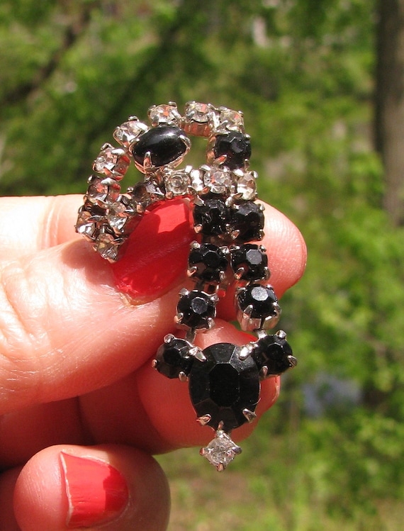 Unique Vintage 1940 s Patented Black Rhinestone Dangling Earrings BA Ballou Clear Faux Diamonds 1.75 Silver Tone Etched Clip Backs Etsy