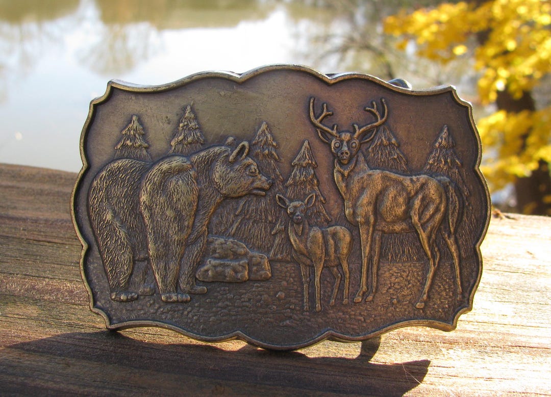 Vintage Brass Men's Belt Buckle, Bear and Deer in the Woods, Ruffled ...