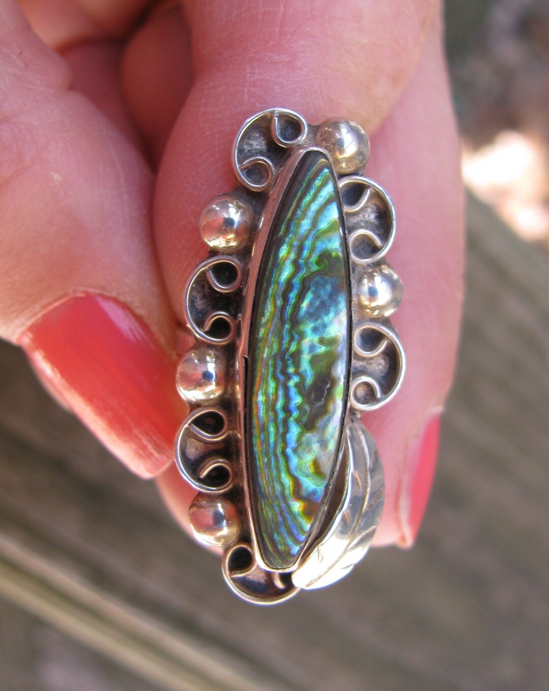 Alluring 1970's Vintage Long Oval Lady's Abalone Ring W Sterling Silver ...