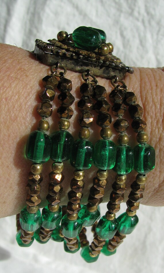 Spectacular Vintage 6 Strand Green GLASS and Brass Be… - Gem