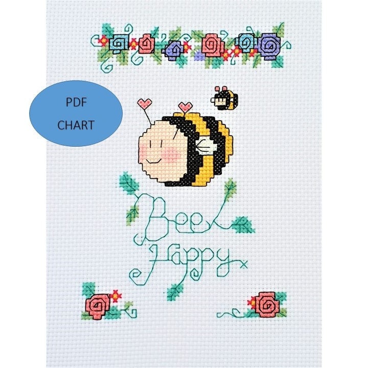 Bee Happy Cute Cross Stitch Instant Digital Download PDF Pattern/chart ...