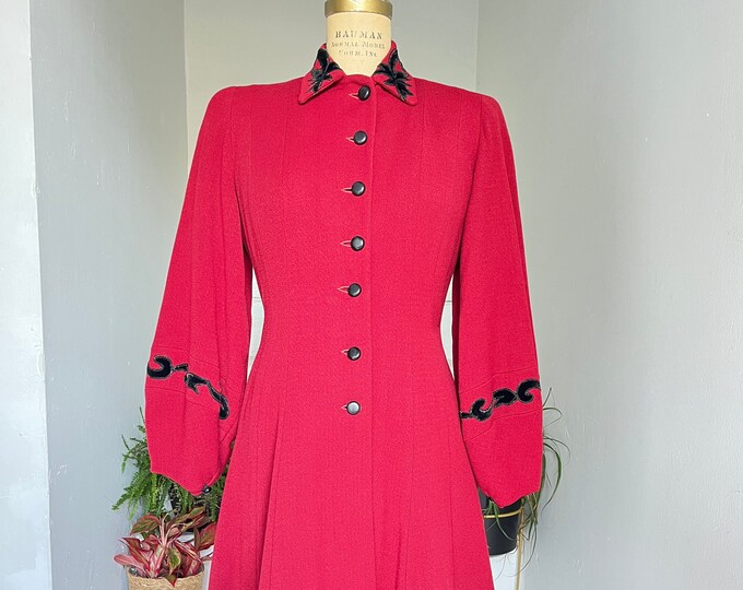 1940s Cherry Red Wool and Black Velvet Princess Coat With Bishop ...