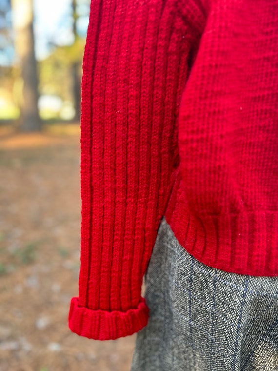 1940s Handknit Deep Red Cropped Turtle Neck Sweater -… - Gem