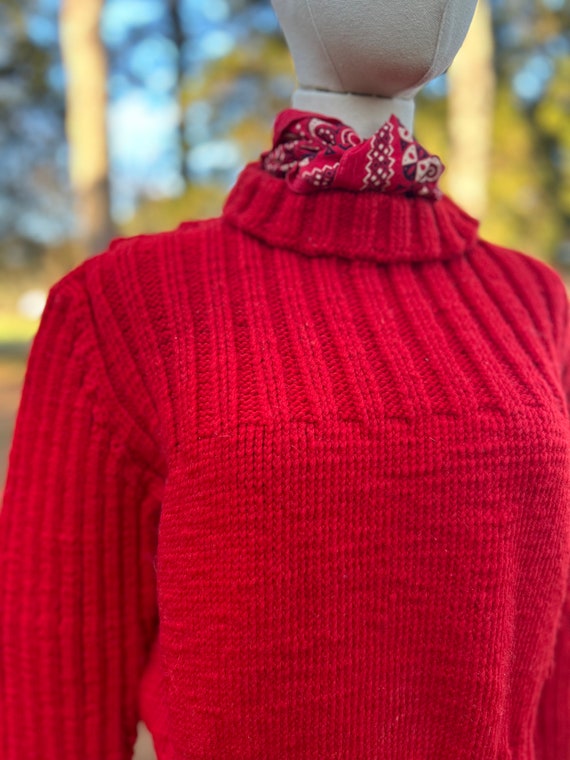 1940s Handknit Deep Red Cropped Turtle Neck Sweater -… - Gem