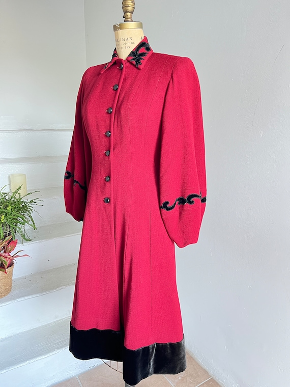 1940s Cherry Red Wool and Black Velvet Princess Coat … - Gem