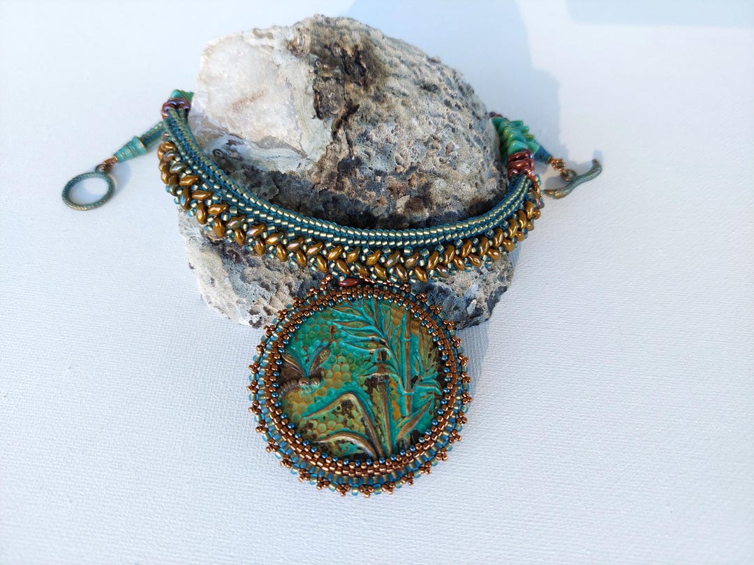 Brass Dragonfly Pendant Patina Finish Beadwork Erthy Necklace With ...