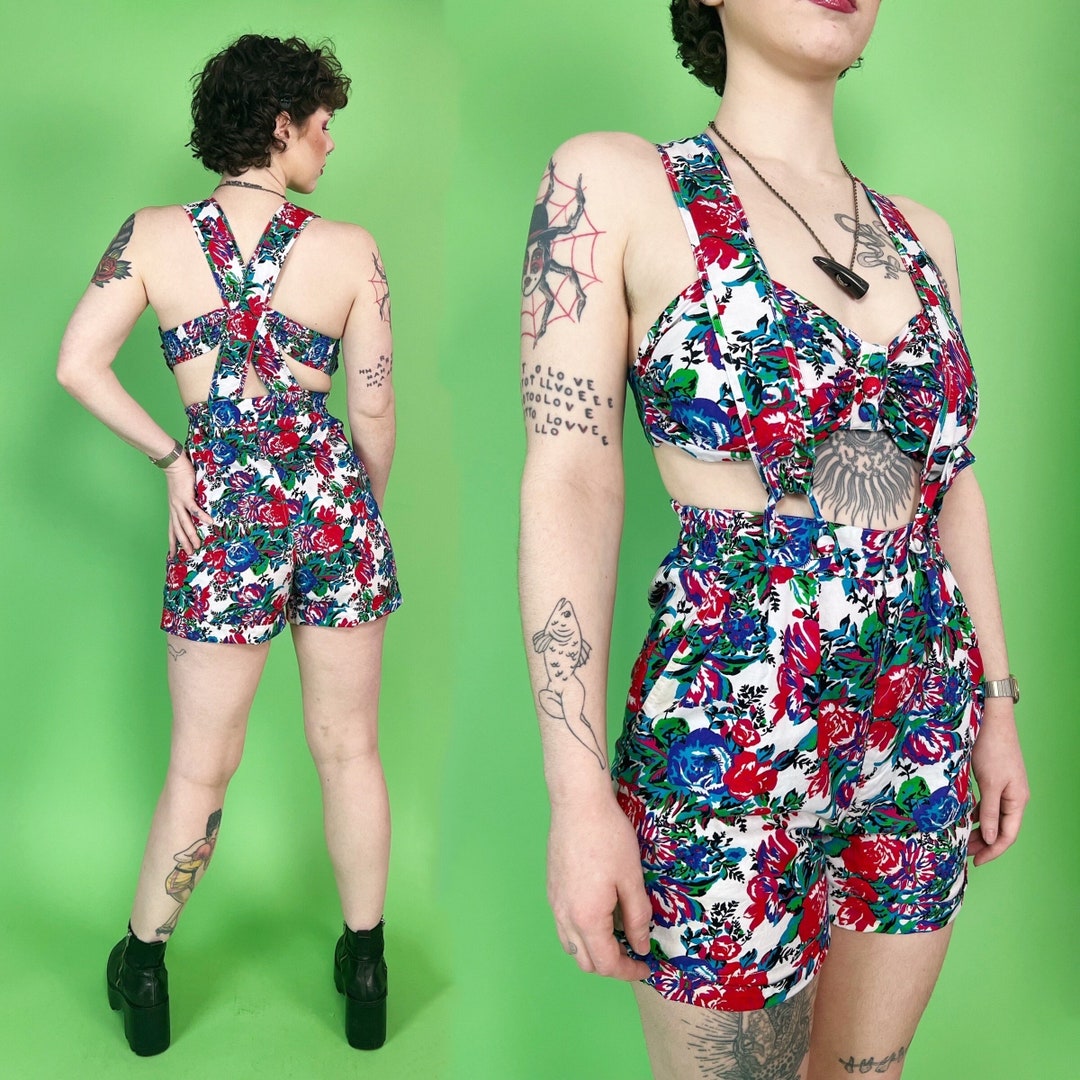 90's Cut Out Overalls Shorts Suspender Romper Medium - Etsy