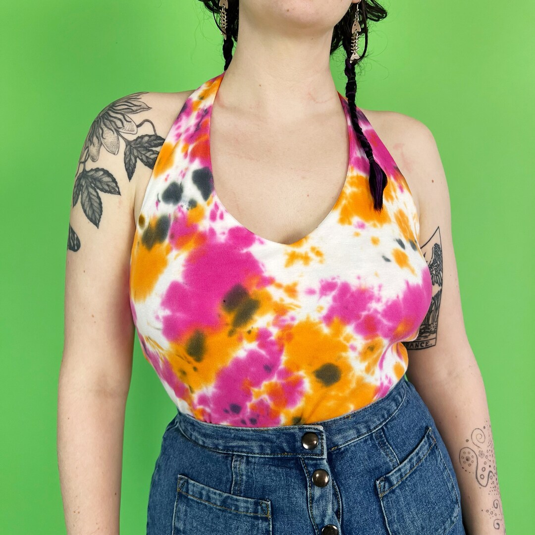 Y2K Hand-dyed Halter Top Large - Pink Orange Summer Halter Tie Dye 1 of ...