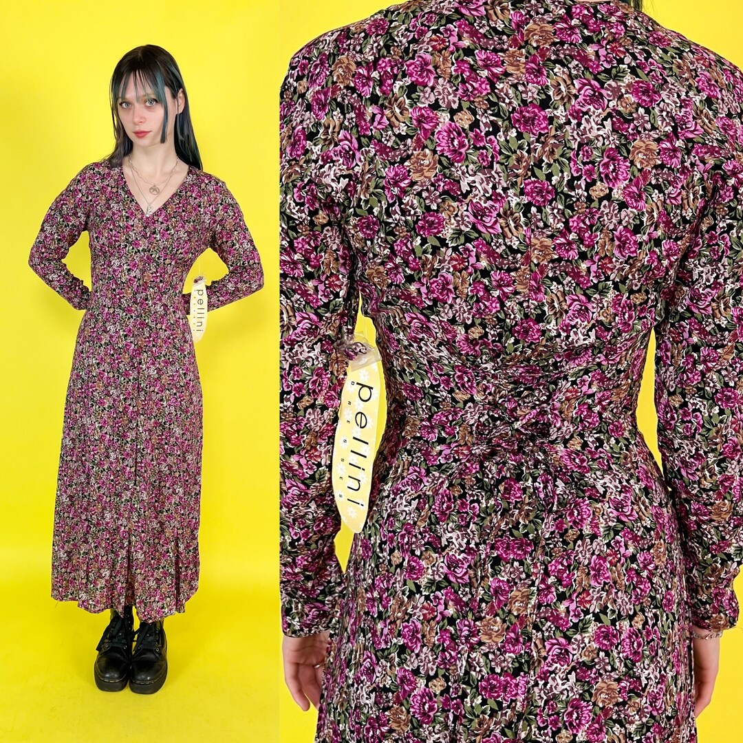 90's DEADSTOCK Floral Midi Dress Small Button Front Casual Allover ...