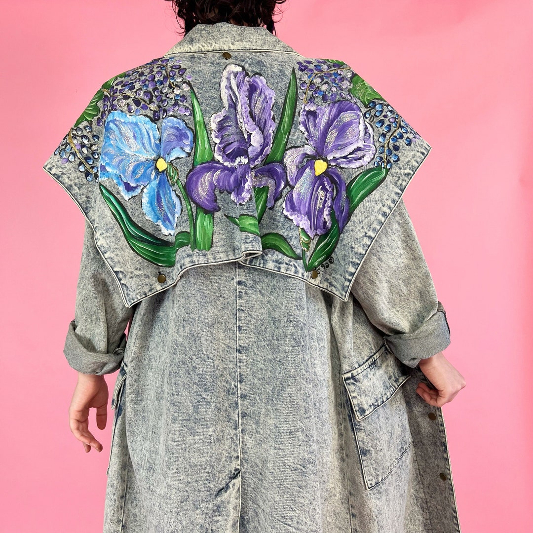 80's Acid Wash Denim Duster Trench Coat Large - Hand Painted Floral ...