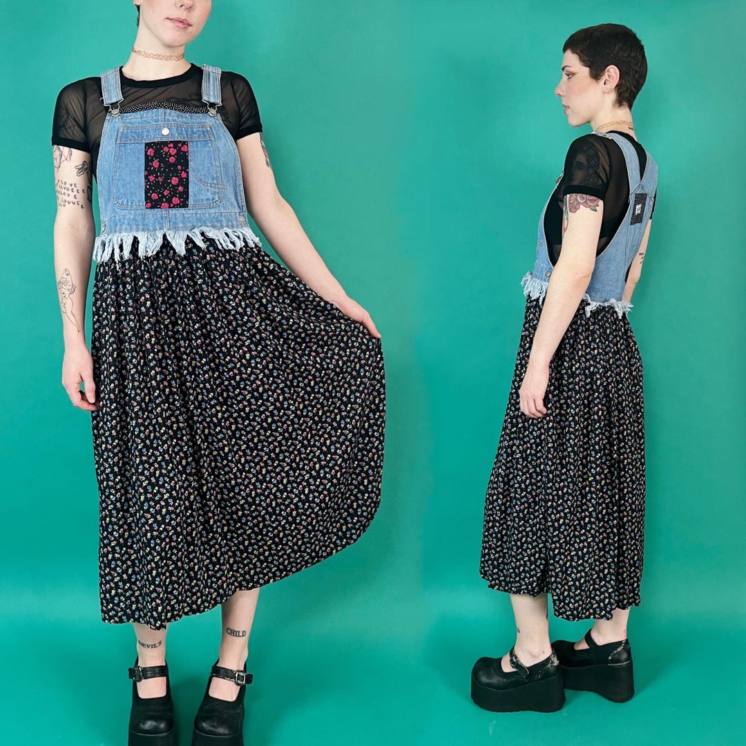 90's Vintage Denim Overall Midi Dress S/M - Floral Fall Jumper ...