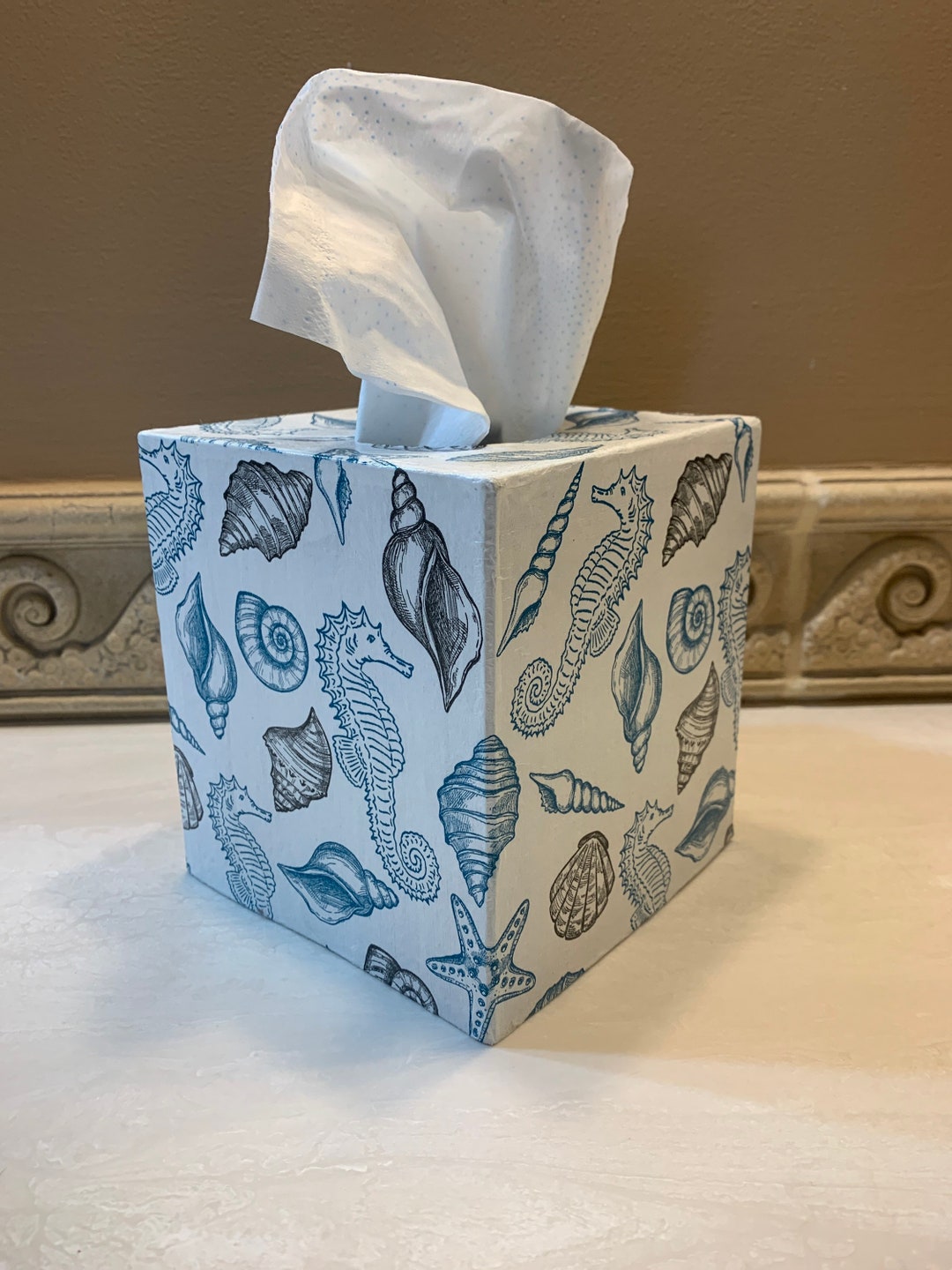 Beach Inspired Teal and Black Seahorse and Seashell Tissue Box Cover - Etsy