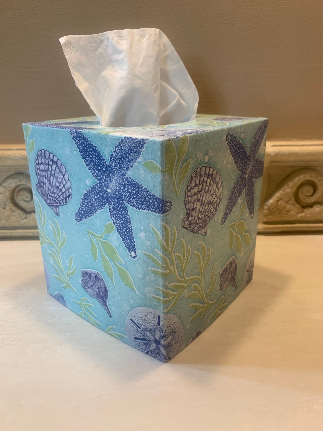 Teal Background Beach Inspired Sea Shell, Starfish, Sand Dollar Tissue ...