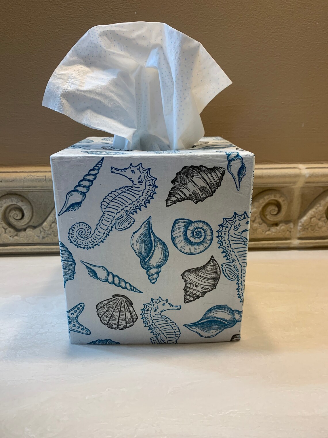 Beach Inspired Teal and Black Seahorse and Seashell Tissue Box Cover - Etsy