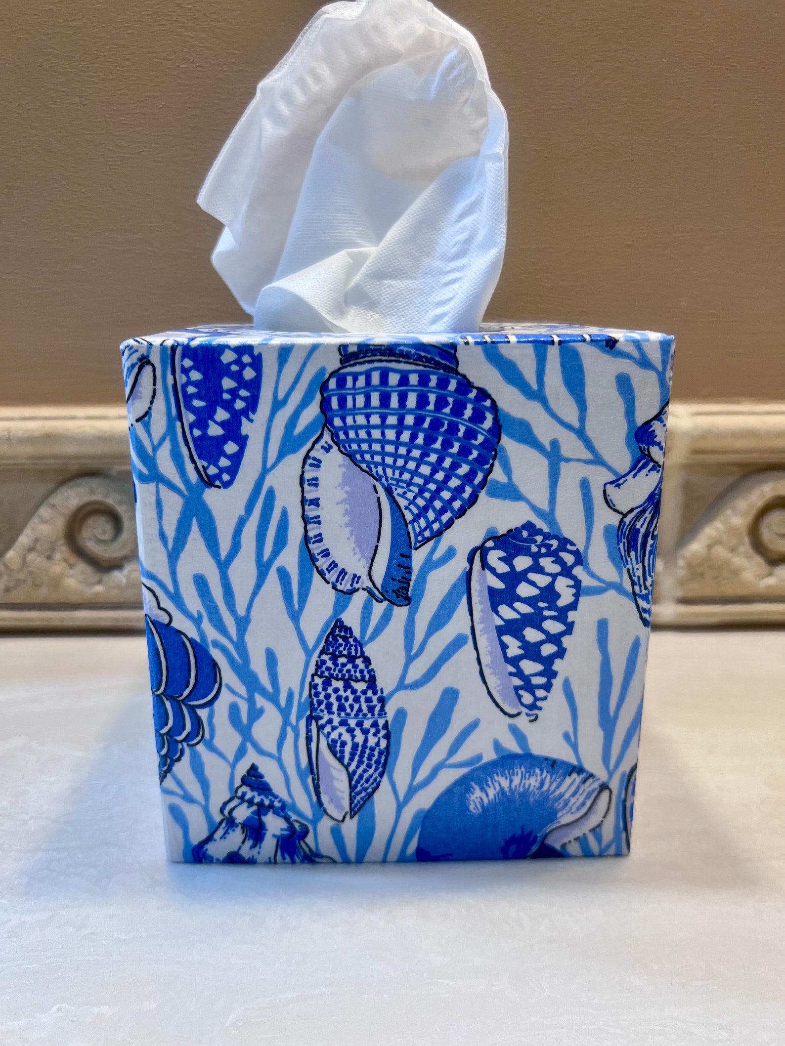 Beach Inspired Blue Toile Multi-seashell Tissue Box Cover - Etsy