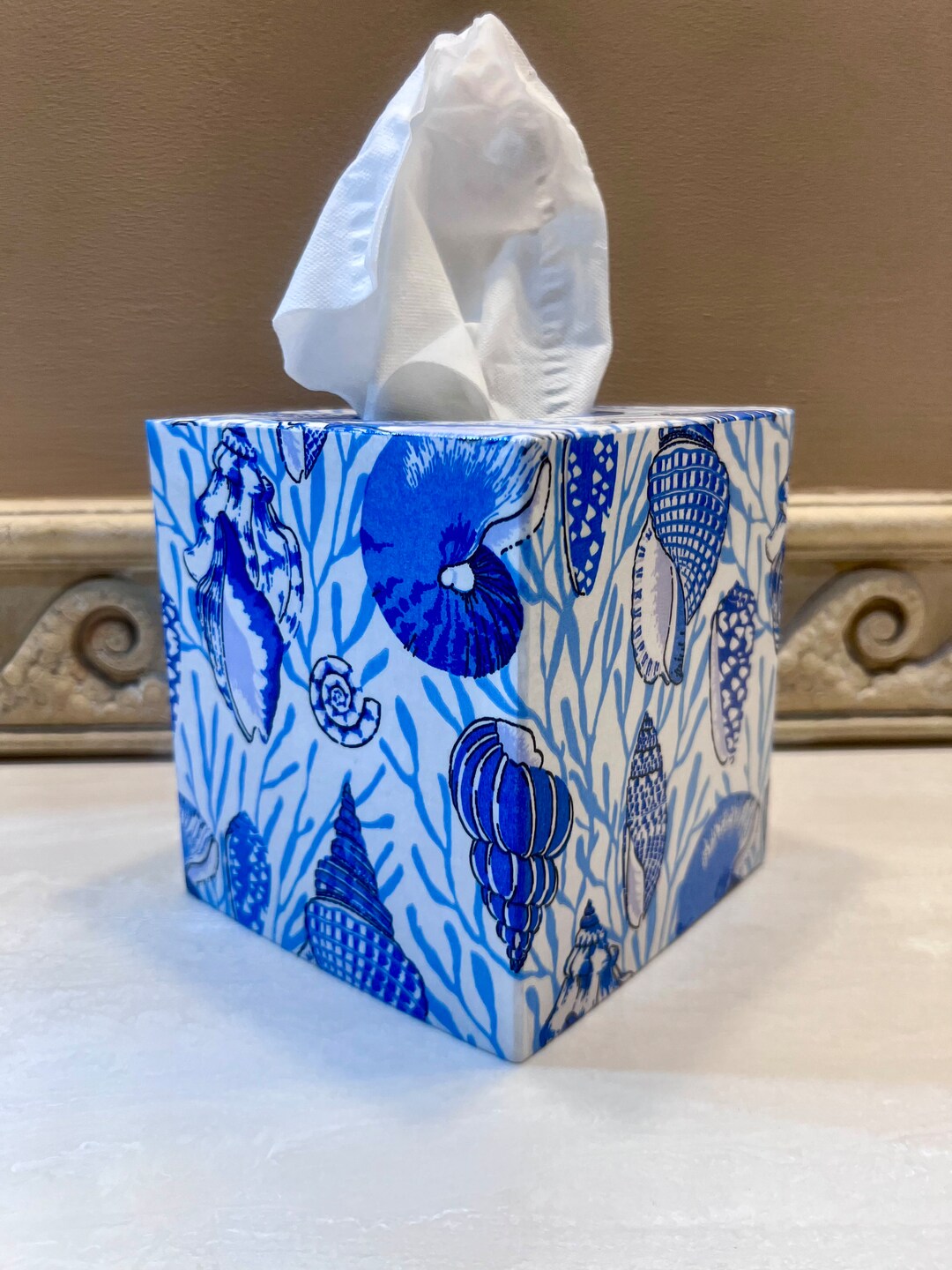Beach Inspired Blue Toile Multi-seashell Tissue Box Cover - Etsy