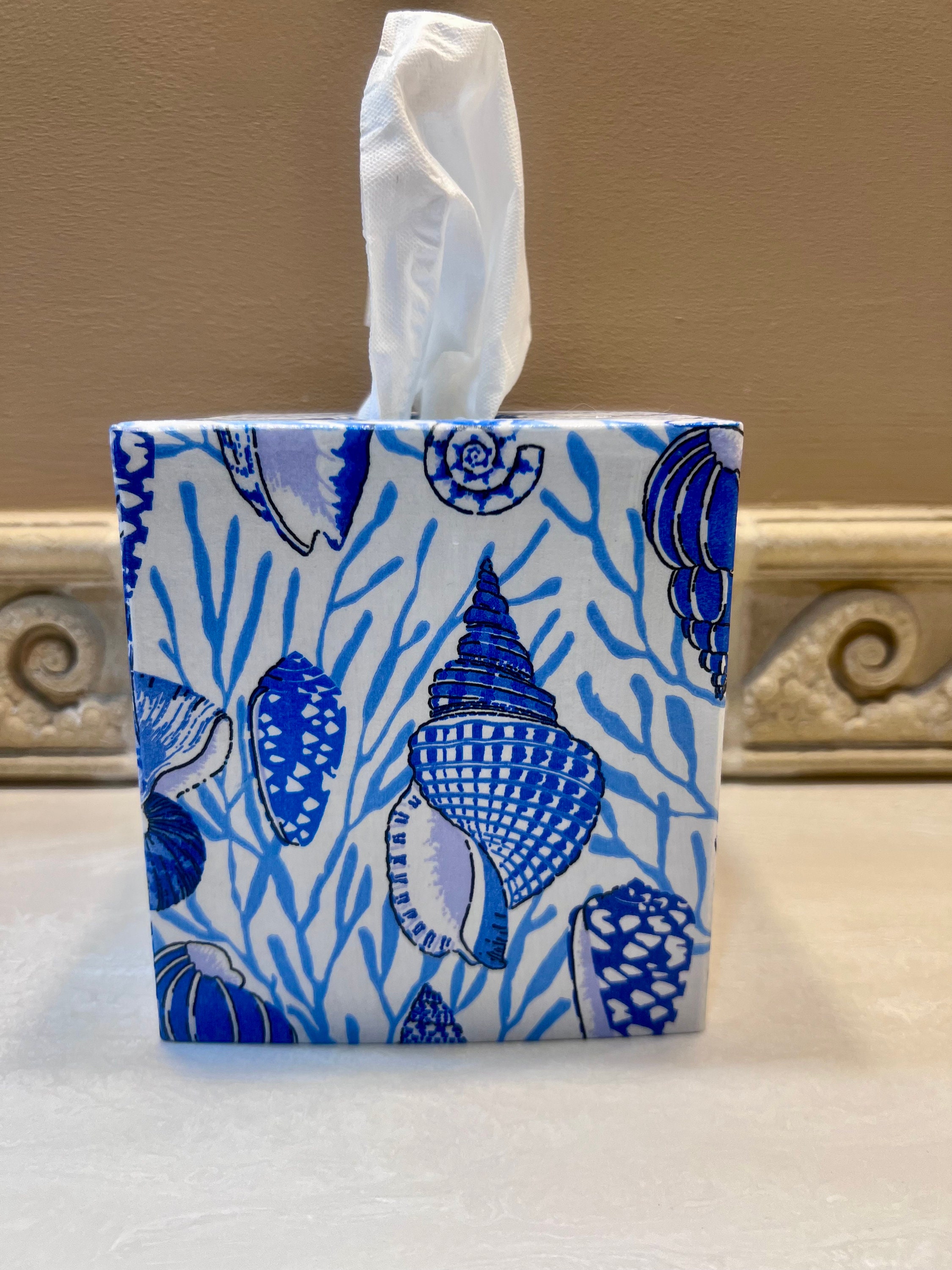 Beach Inspired Blue Toile Multi-seashell Tissue Box Cover - Etsy