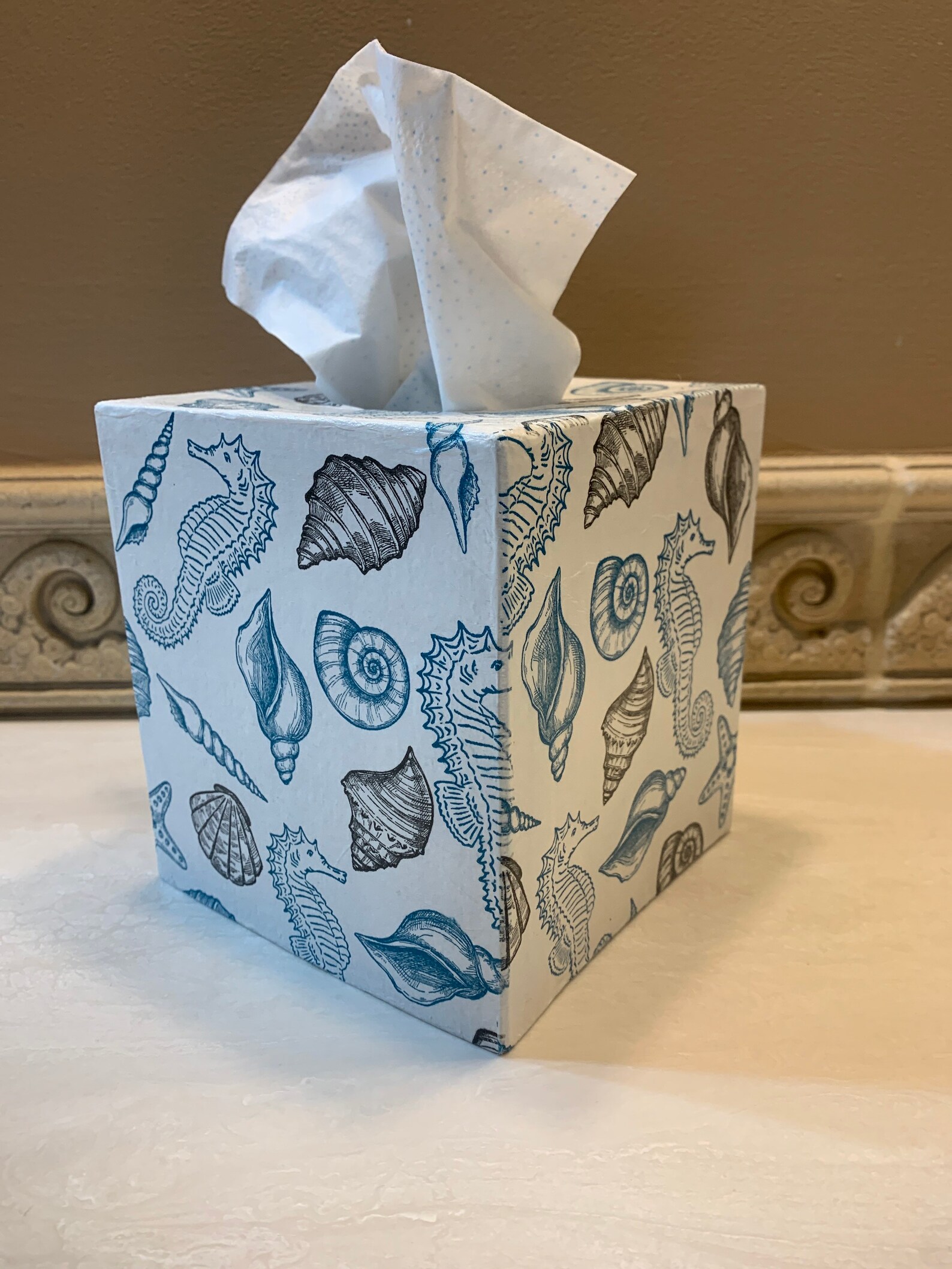 Beach Inspired Teal and Black Seahorse and Seashell Tissue Box Cover - Etsy